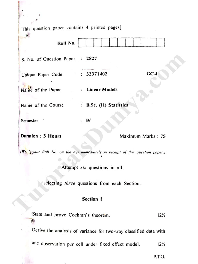 Linear Models QP 2017 - TutorialsDuniya | PDF