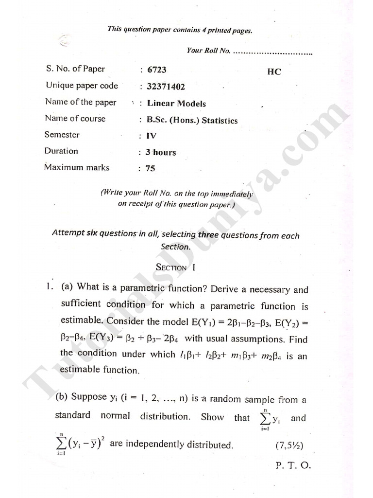 Linear Models QP 2018 - TutorialsDuniya | PDF