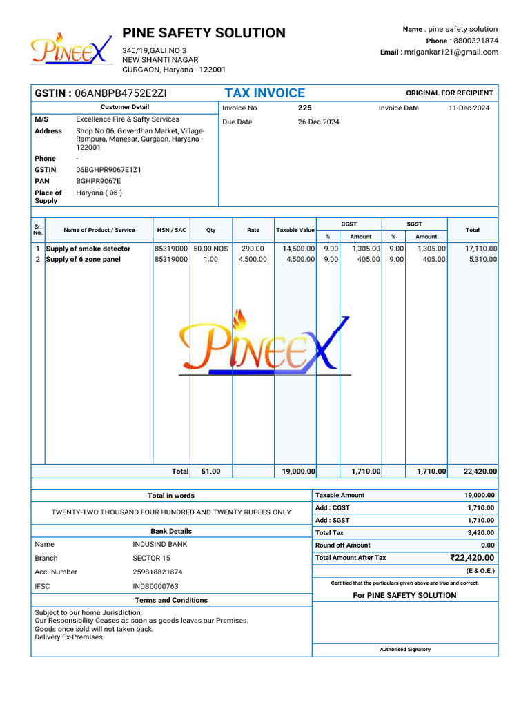 Invoice - 225 Excellence Fire Safty Services Sitaram Rajera 09 44 02 ...