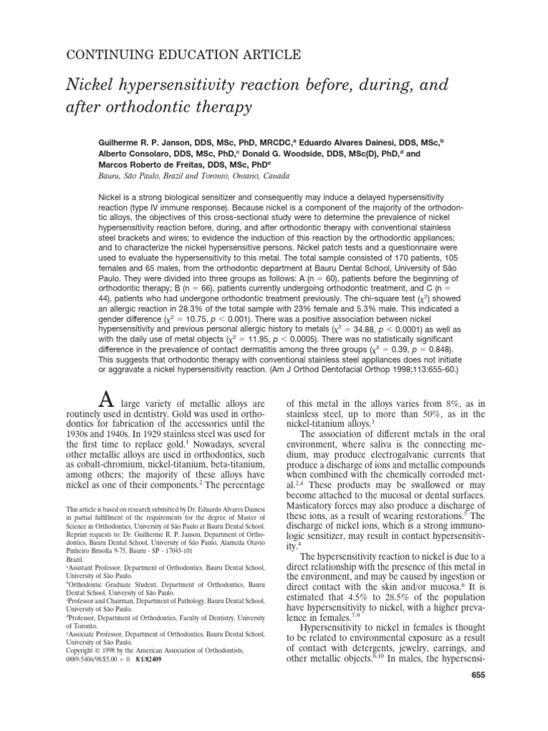 Nickel Hypersensitivity Reaction Before During and After Orthodontic ... Nickel Hypersensitivity Reaction Before During and After Orthodontic ...