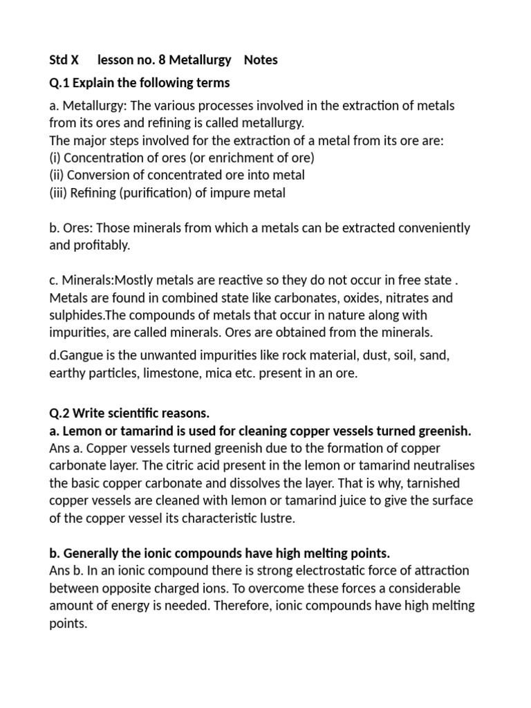 Science 1 Metallurgy Notes | PDF | Aluminium | Ore