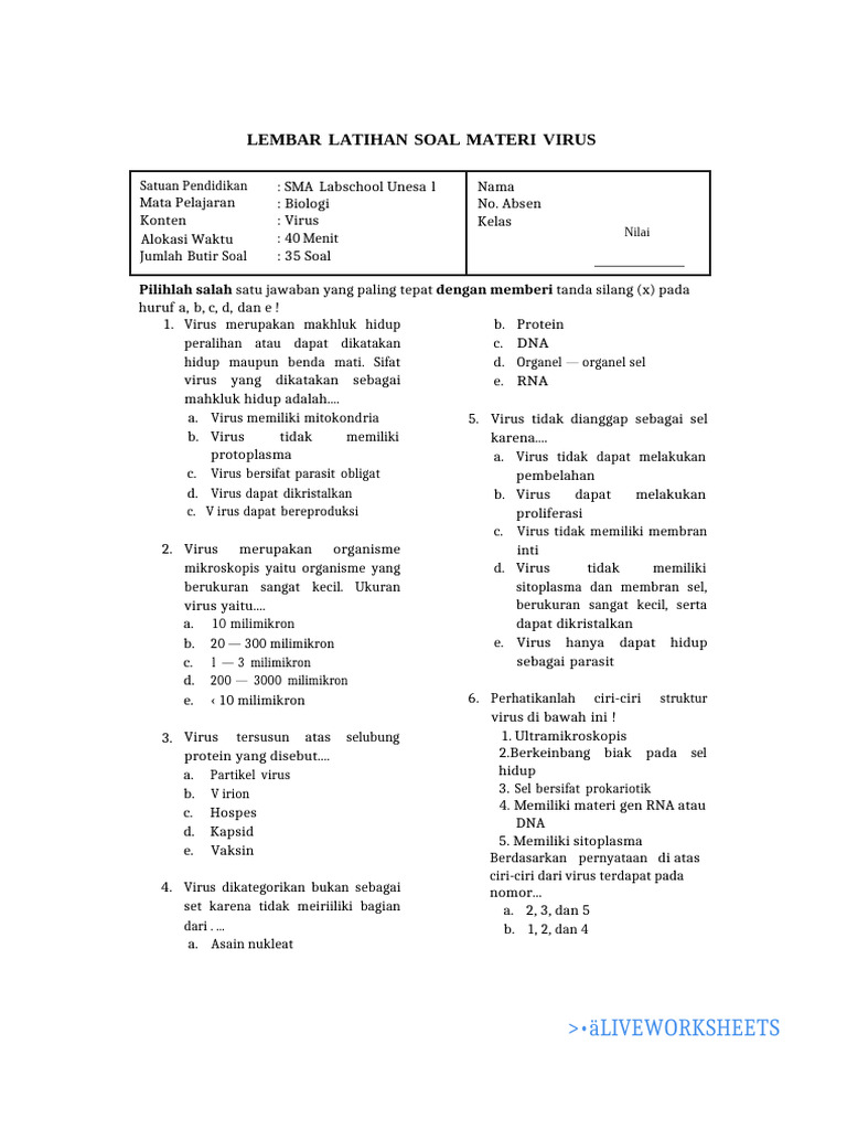 Lembar Latihan Soal Virus Biologi SMA | PDF