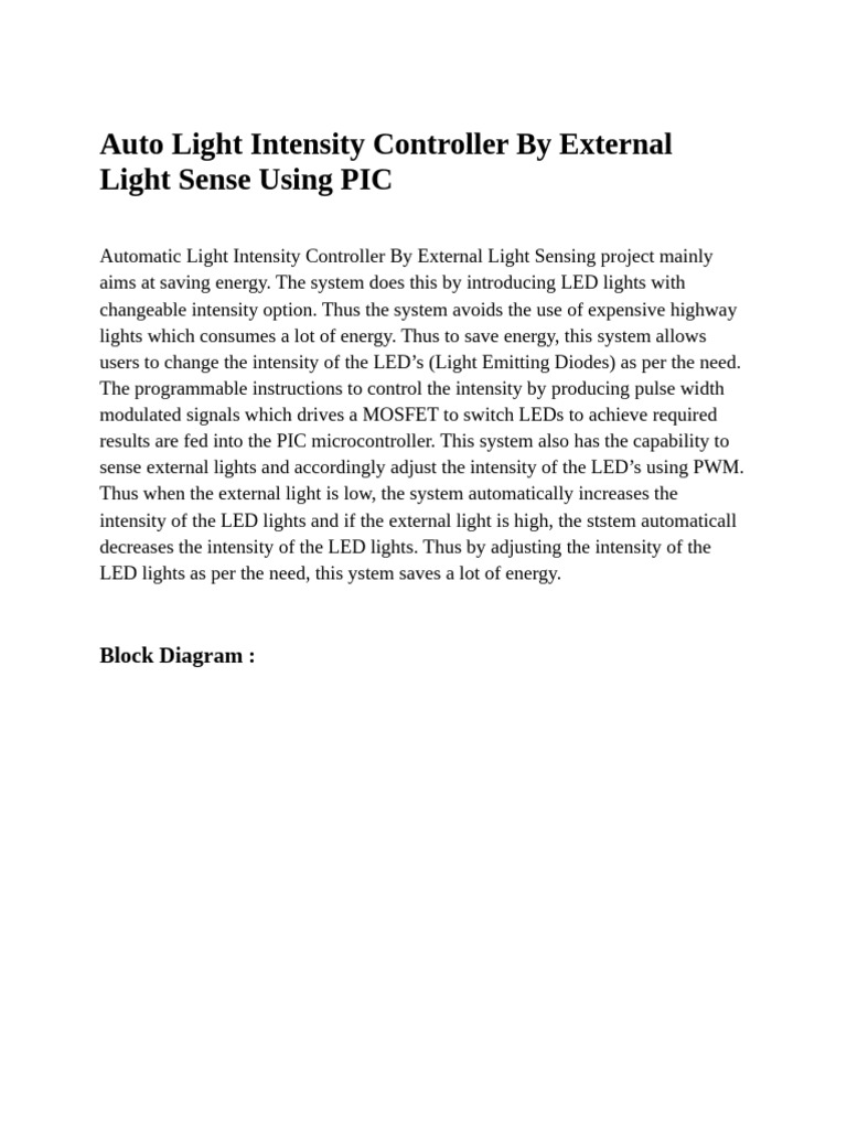 Auto Light Intensity Controller by External Light Sense Using PIC | PDF