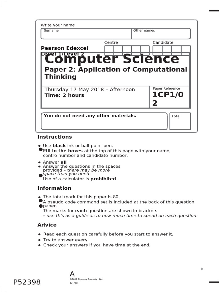 June 2018 QP - Paper 2 Edexcel Comptuer Science GCSE | PDF | Control ...