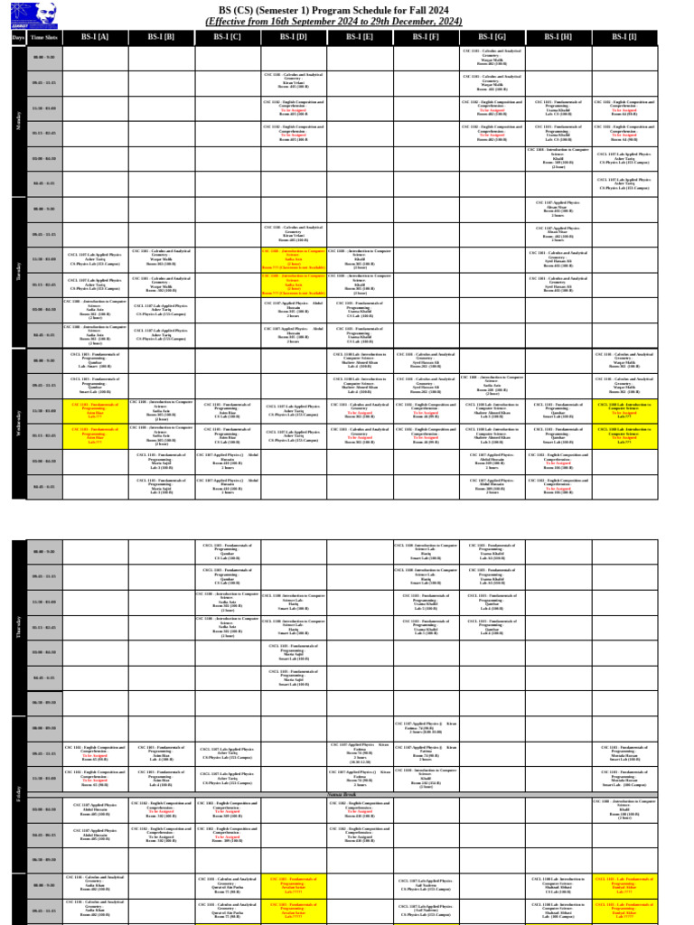 BSCS (1st & 2nd Years Semester) Program Classes Schedule For Fall 2024 2 | PDF