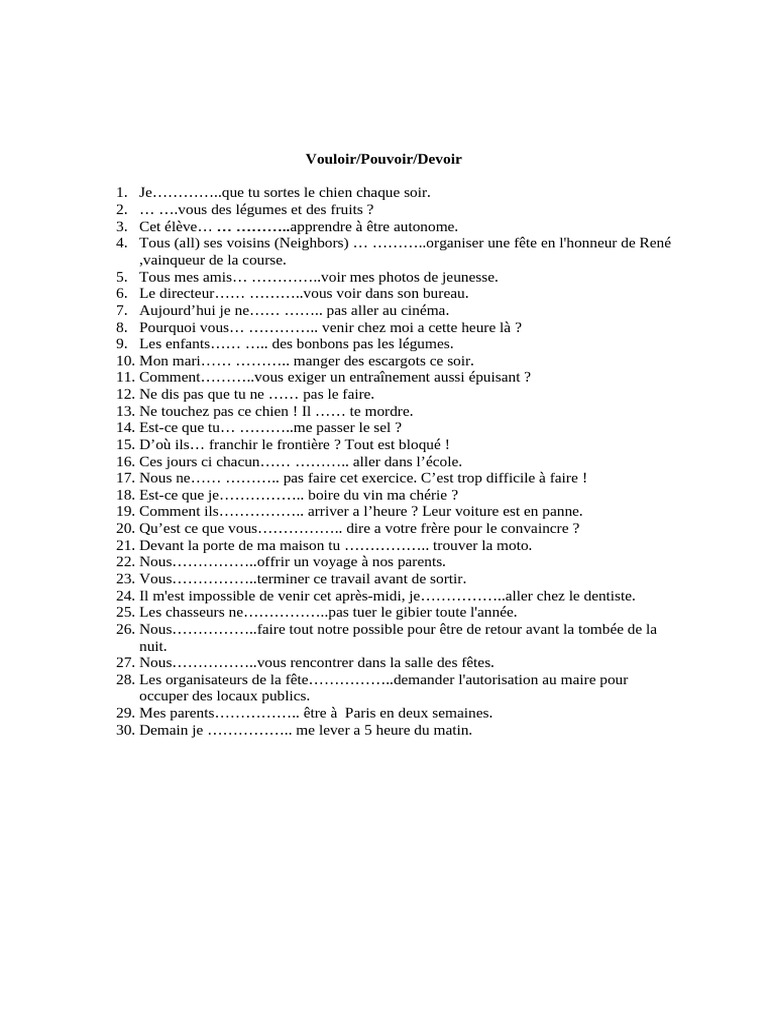 Exercices sur Vouloir, Pouvoir, Devoir | PDF