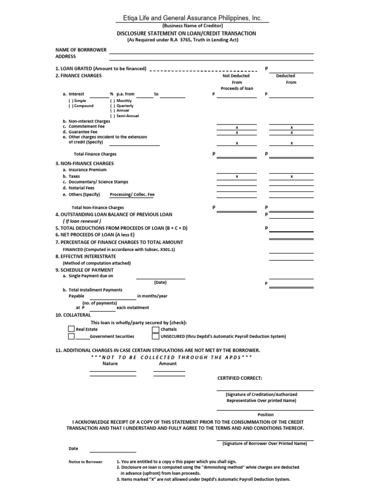etiqa-deped-disclosure-statement | PDF | Loans | Credit
