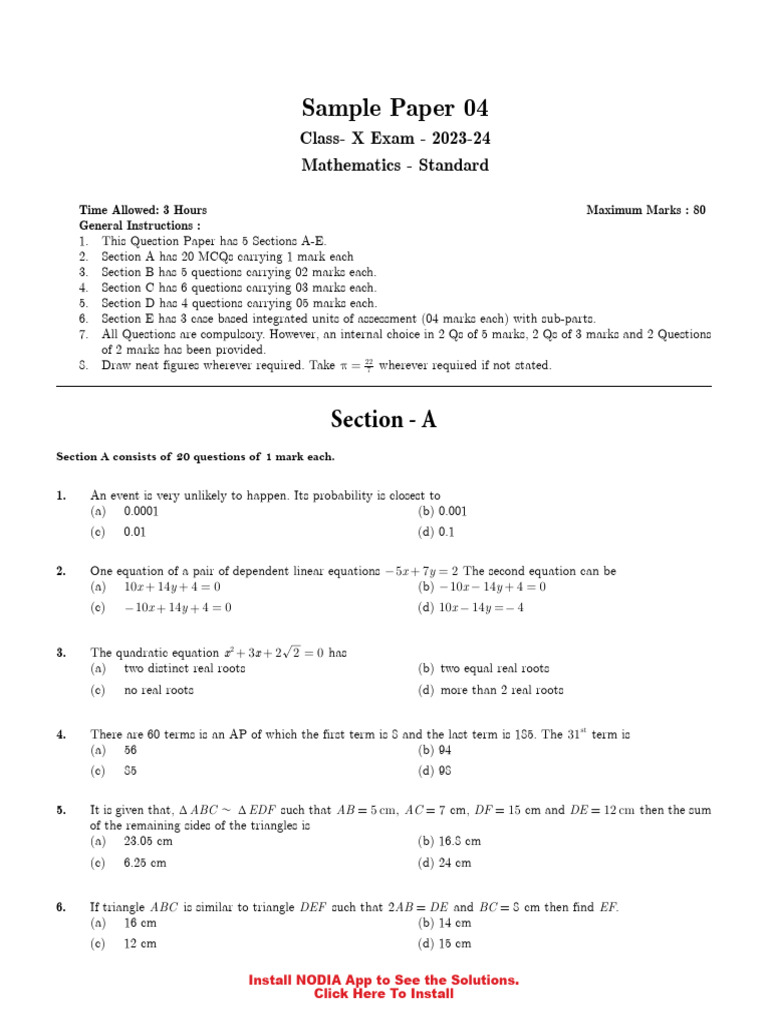MA Sample Paper 4 Unsolved | PDF | Circle | Angle