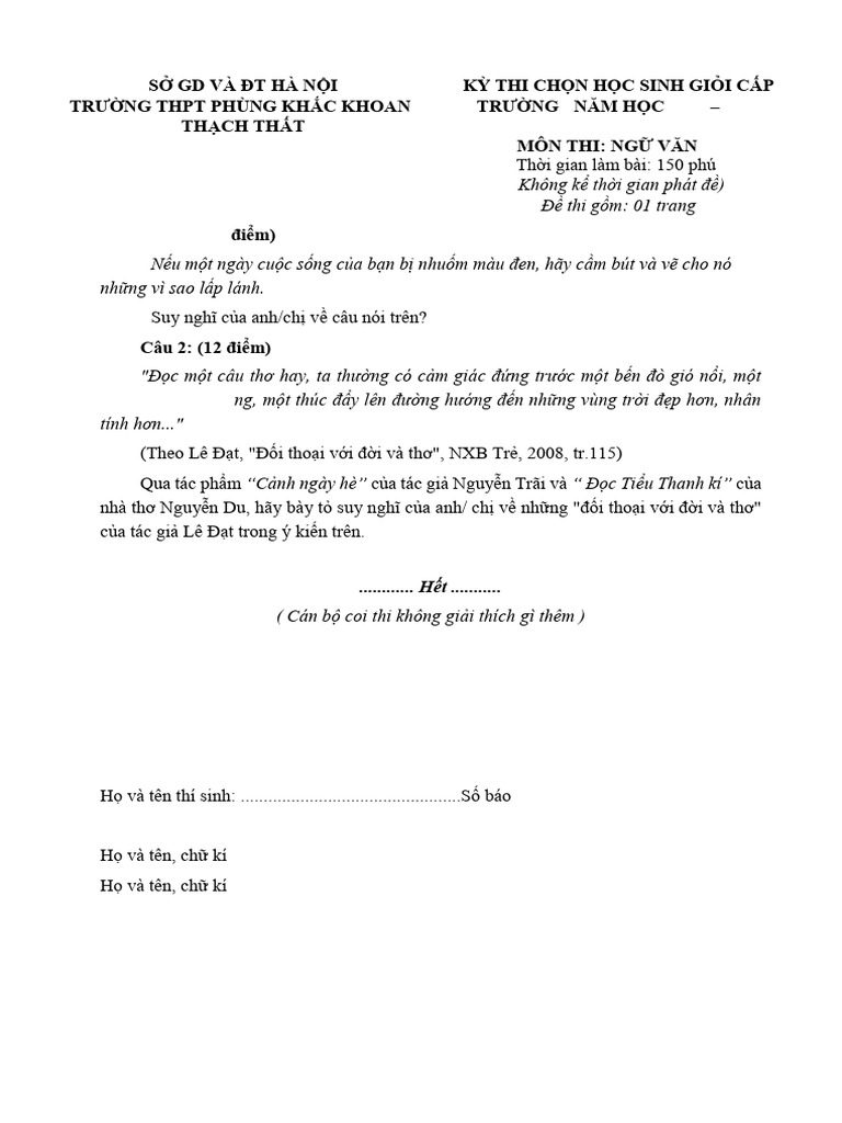 De HSG Ngu Van 10 Nam 2020 2021 Truong THPT Phung Khac Khoan Ha Noi | PDF