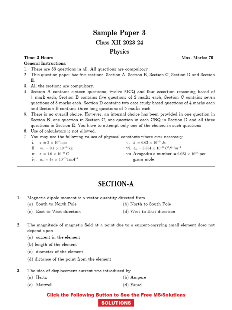 CBSE Class 12 Physics Sample Paper 3 | PDF | Waves | Optics
