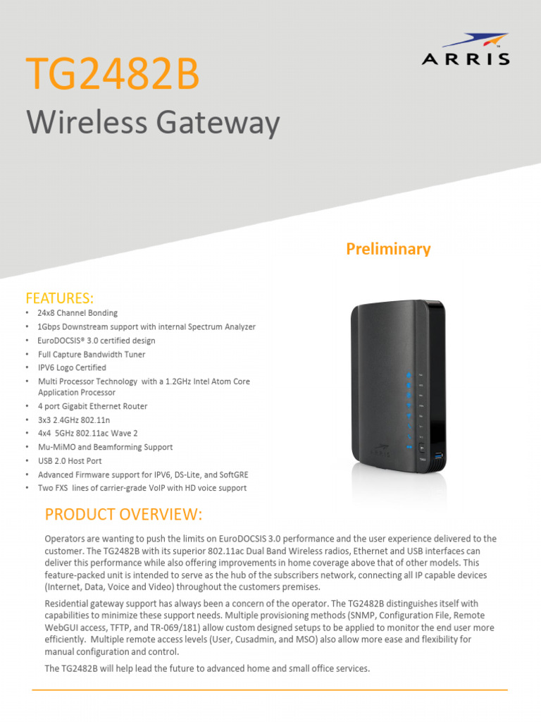 ARRIS TG 2482 Karta Katalogowa | PDF | Ieee 802.11 | Wi Fi