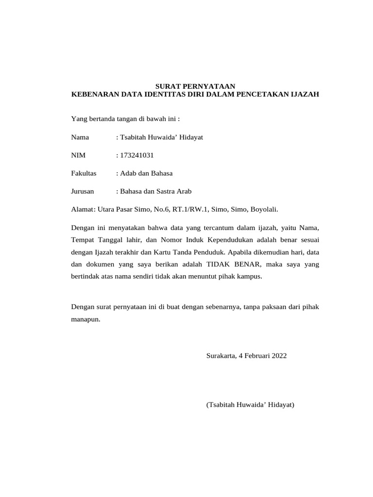 Surat Pernyataan Identitas Kosong | PDF