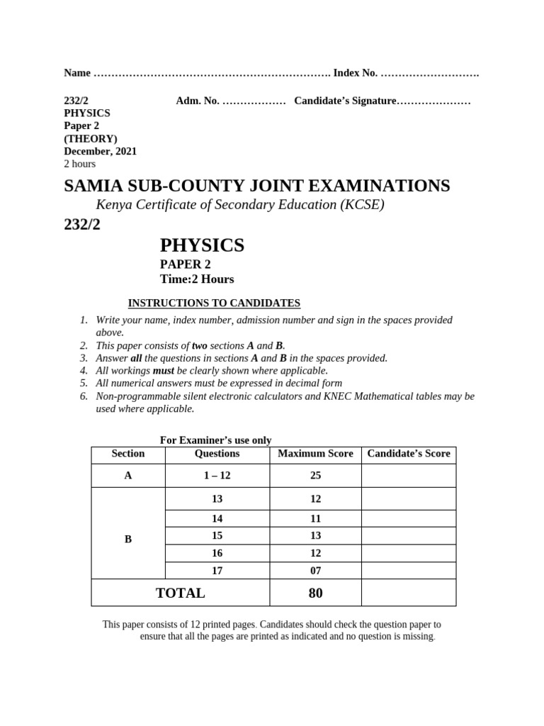 KCSE Physics Exam Paper 2, 2021 | PDF | Transformer | Inductor