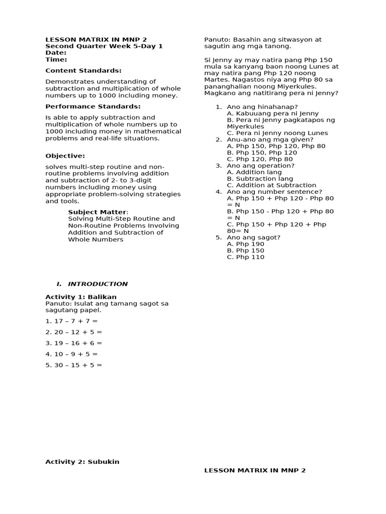 Solving Multi Step Routine And Non Routine Problems Involving Addition And Subtraction Of Whole 