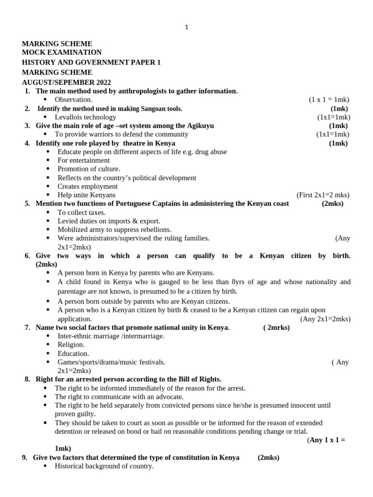 History-_-Government-P1-MS-Maranda-High-School-Mock-2022 | PDF | Kenya
