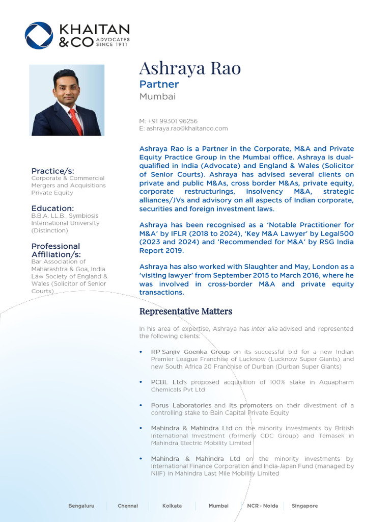 CV - Ashraya Rao - Khaitan Co (February 2024) | PDF