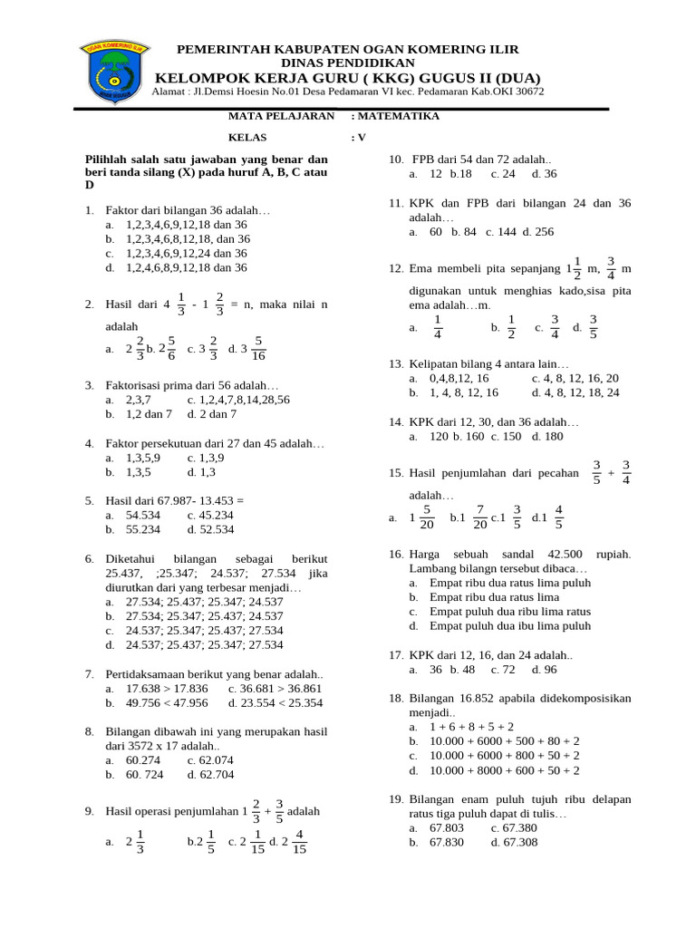 Soal PAS 2024 Matematika kelas 5 Kumer | PDF