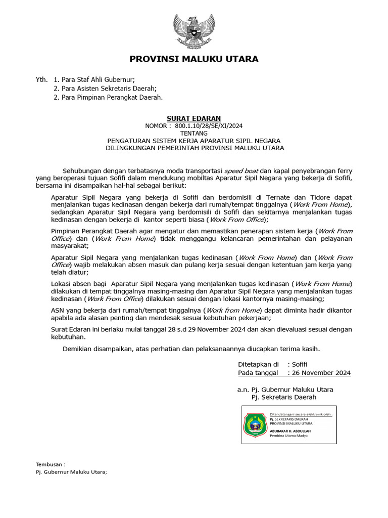 Surat Edaran Wfo Dan WFH November 2024 | PDF