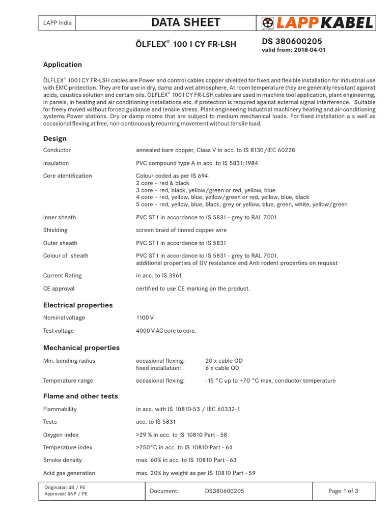Oelflex 100 I Cy FR-LSH | PDF | Electrical Engineering | Materials