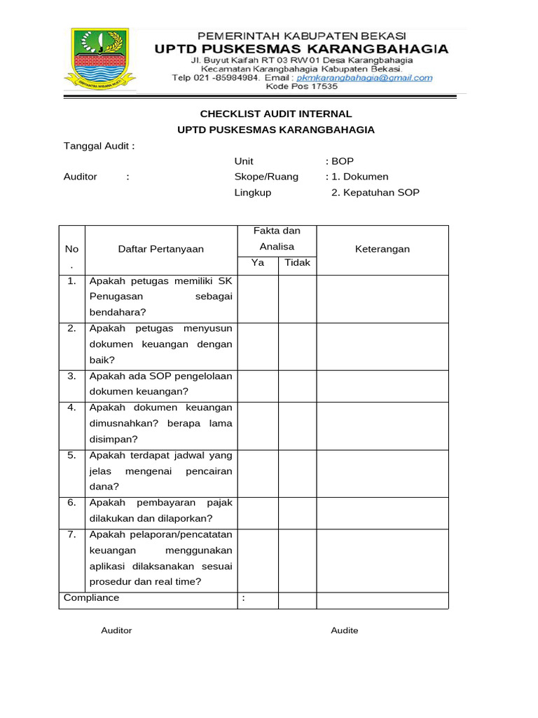 Checklist Audit Internal Puskesmas Karangbahagia | PDF