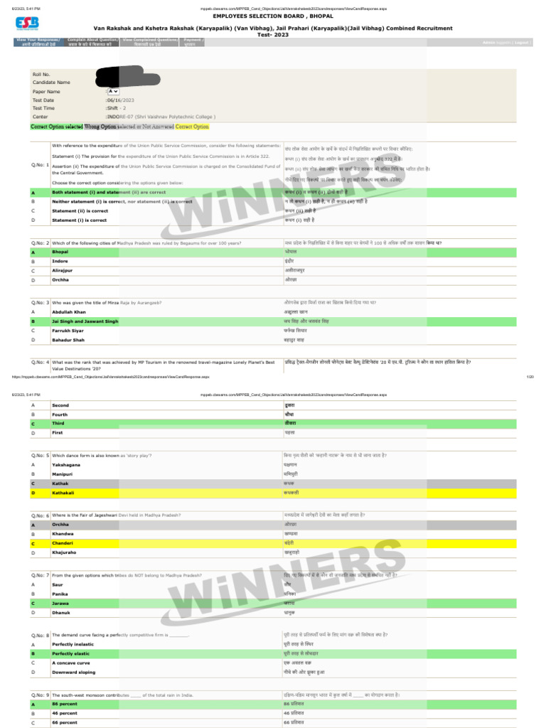 Correct Option Selected Wrong Option Selected or Not Answered Correct Option | PDF