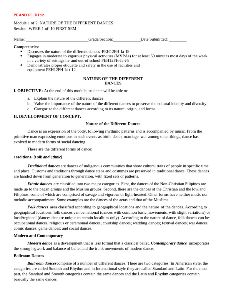 PE AND HELTH 12 Lesson Plan | PDF | Dances | Ballroom Dance