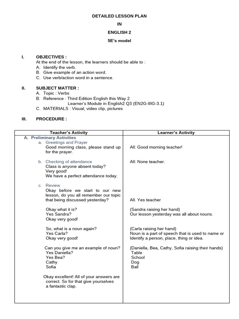 Lesson Plan on Verbs for English 2 | PDF | English Language | Cognitive ...