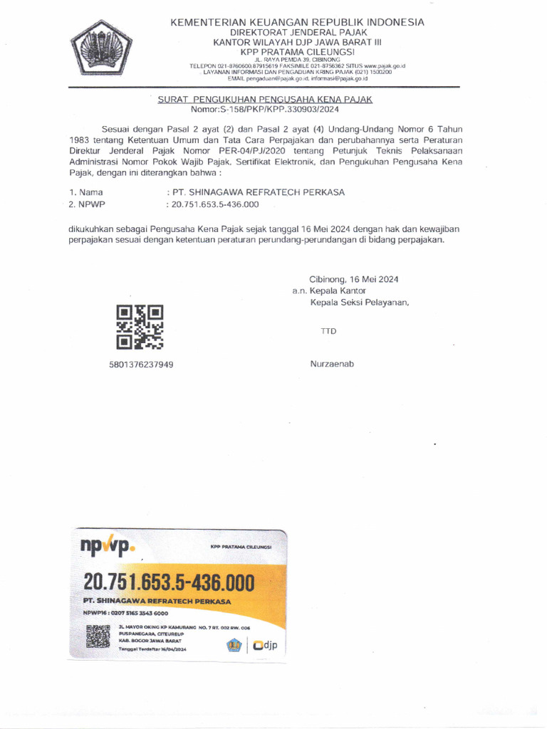 NPWP Dan SPPKP Shinagawa Refratech Perkasa | PDF