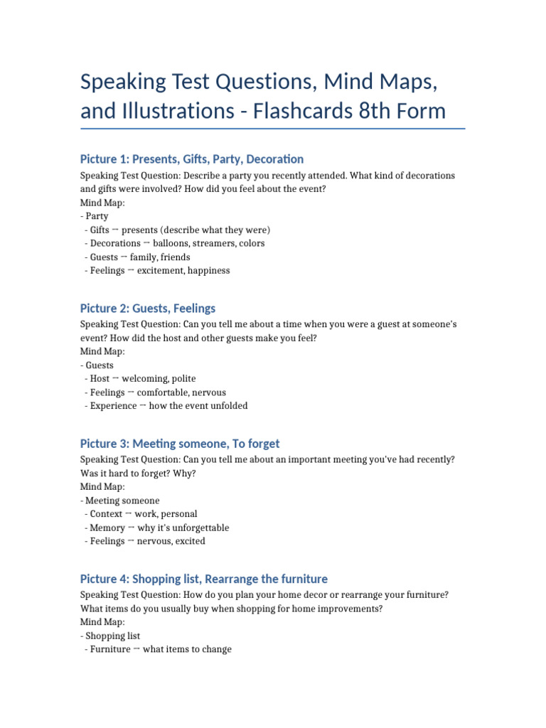 Speaking Test Questions Mind Maps Full 8th Form | PDF