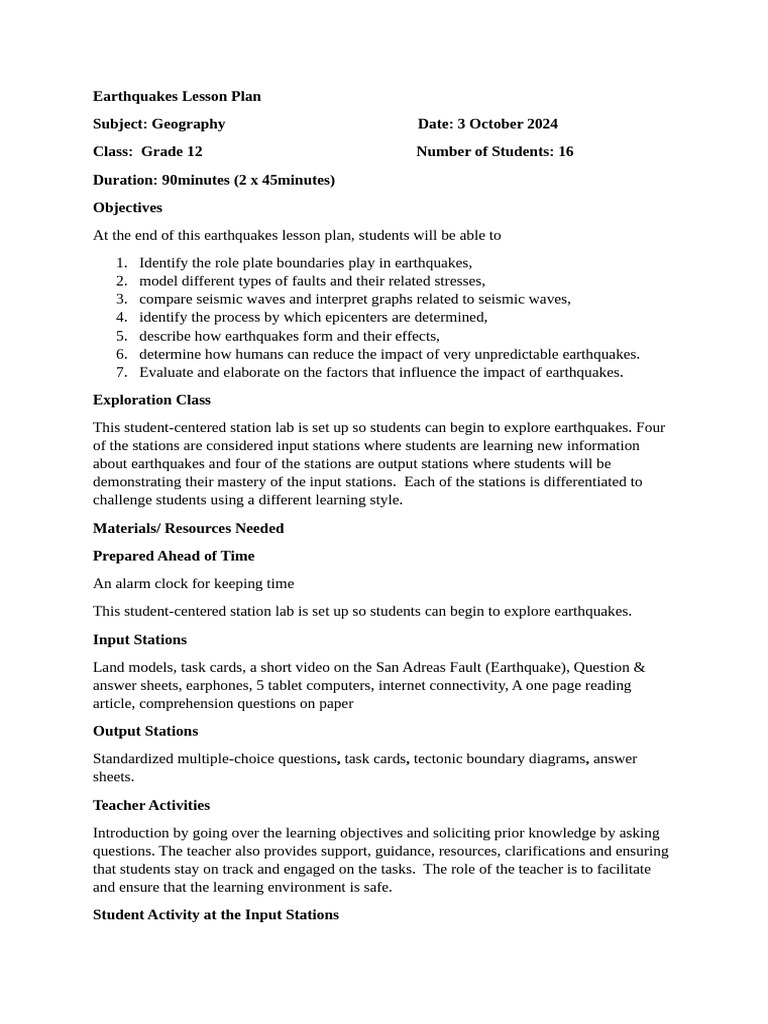 5210 Lesson Plan Earthquakes Practice Artefact - Portfolio Entry | PDF ...