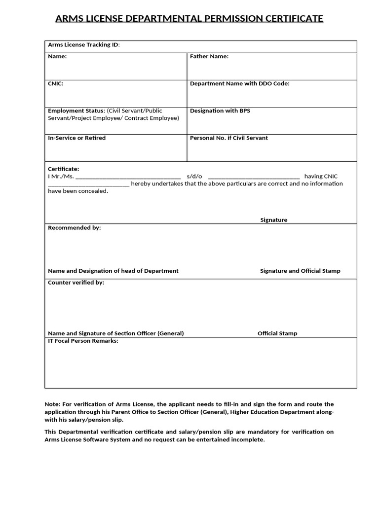 Arms License Departmental Permission Certificate | PDF