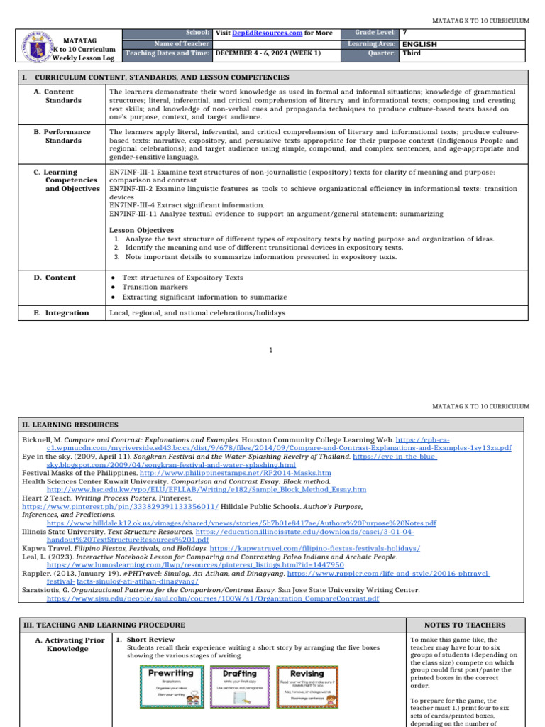 DLL Matatag - English 7 Q3 W1 | PDF | Reading Comprehension | Linguistics