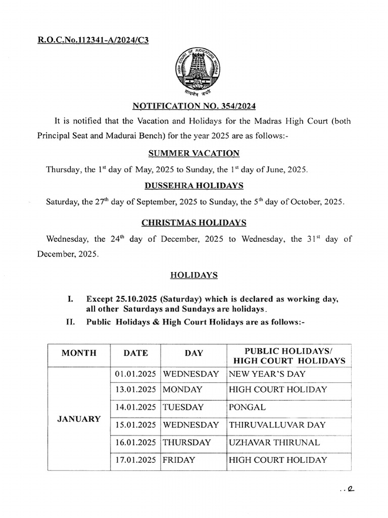 Calendar 2025 High Court Notification - 241213 - 173805 | PDF