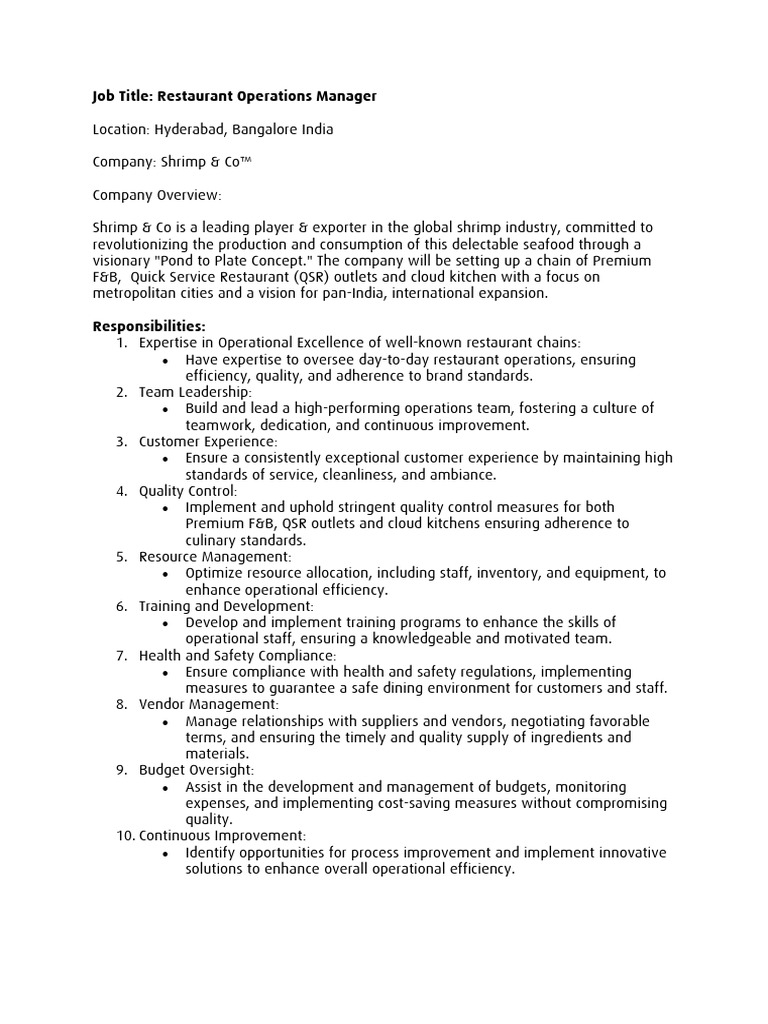 Shrimp & Co Restaurant Operations Manager | PDF | Leadership | Restaurants