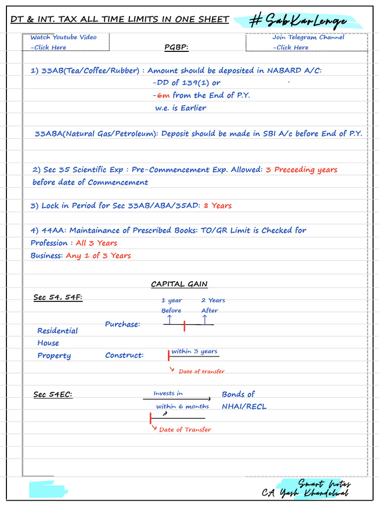 DT All Time Limits in One Sheet - Yash Khandelwal | PDF | Taxes | Economies