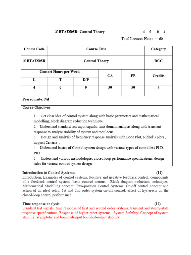 ct syllabus | PDF | Control Theory | Feedback