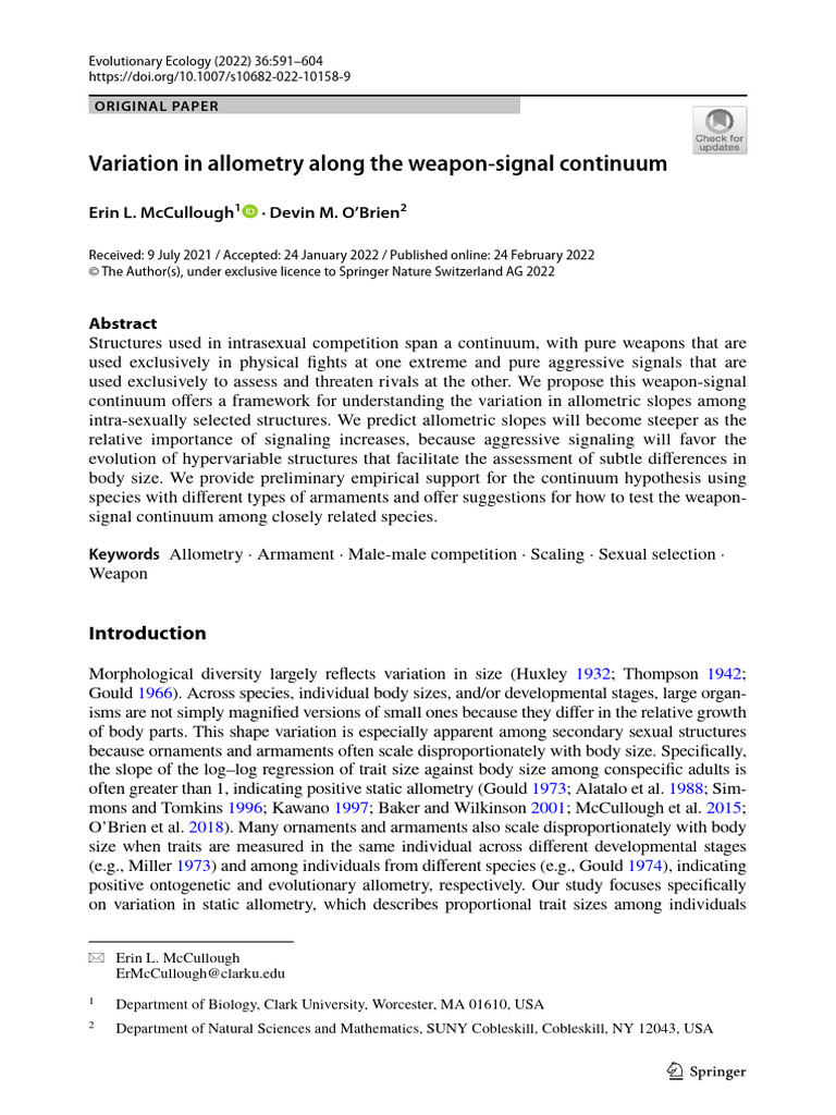 Variation in Allometry Along The Weapon Signal Continuum | PDF | Sexual Selection | Evolution