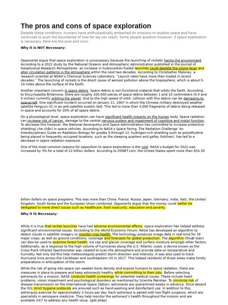 The Pros and Cons of Space Exploration | PDF | Space Debris | Outer Space