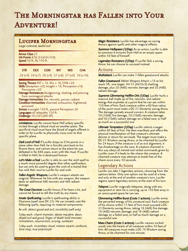 Lucifer Morningstar Stat Block 5E | PDF | Satan | Hell