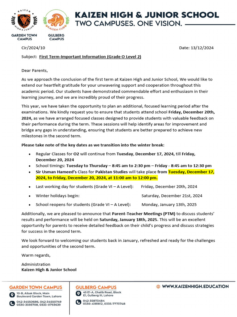 O2 Winter Holidays and End Term Notice | PDF