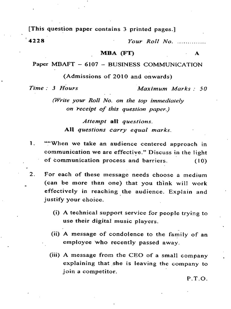 Mba (FT) Paper Mbaft-6107 - Business Communication | PDF