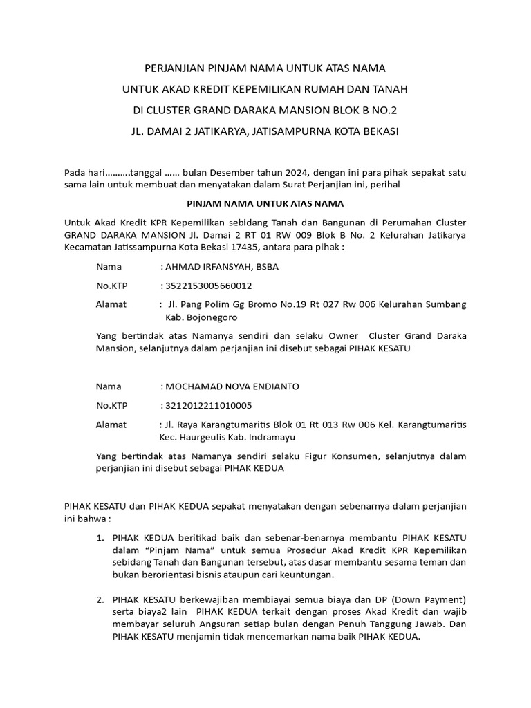 Perjanjian Pinjam Atas Nama | PDF