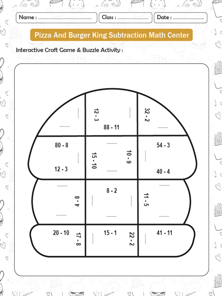 Pizza and Burger King Subtraction Math Center: Interactive Craft Game ...
