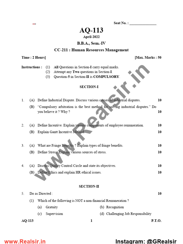 BBA Sem 4 CC 211 Human Resources Management - 2022 | PDF | Employment | Labor