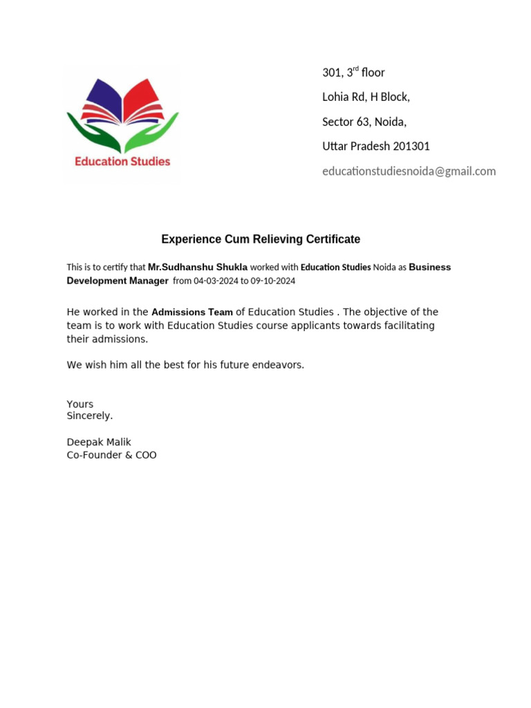 11 Experince Cum Relieving Certificate | PDF