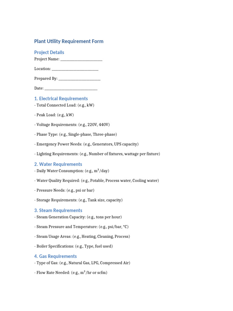Plant Utility Requirement Form | PDF