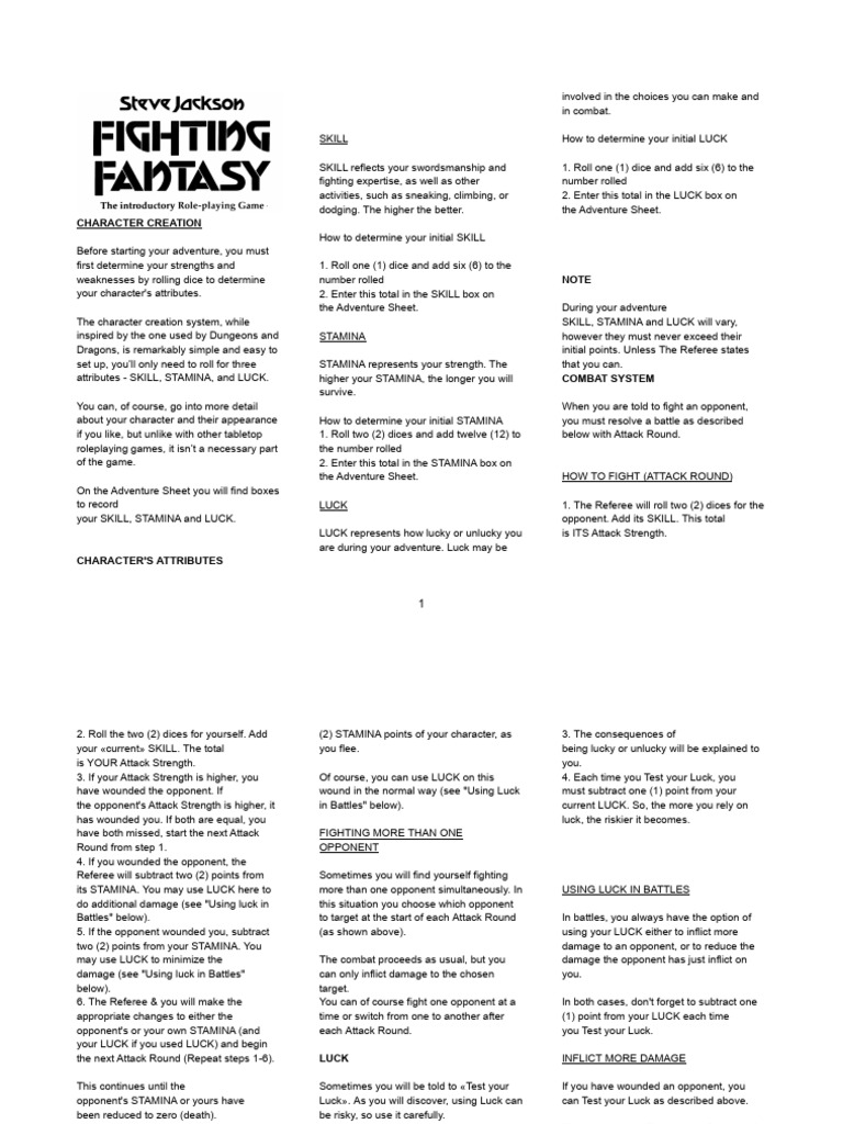 Fighting Fantasy RPG - Cheat Sheet - v02 | PDF | Luck | Role Playing Games