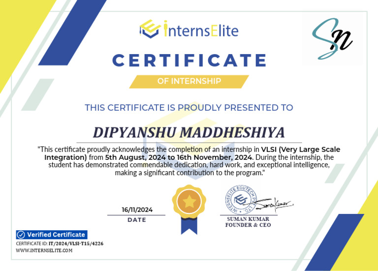 Certificate of Internship-DIPYANSHU MADDHESHIYA _VLSI_InternsElite | PDF