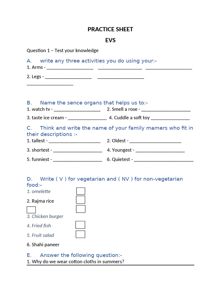 Practice Sheet Evs | PDF