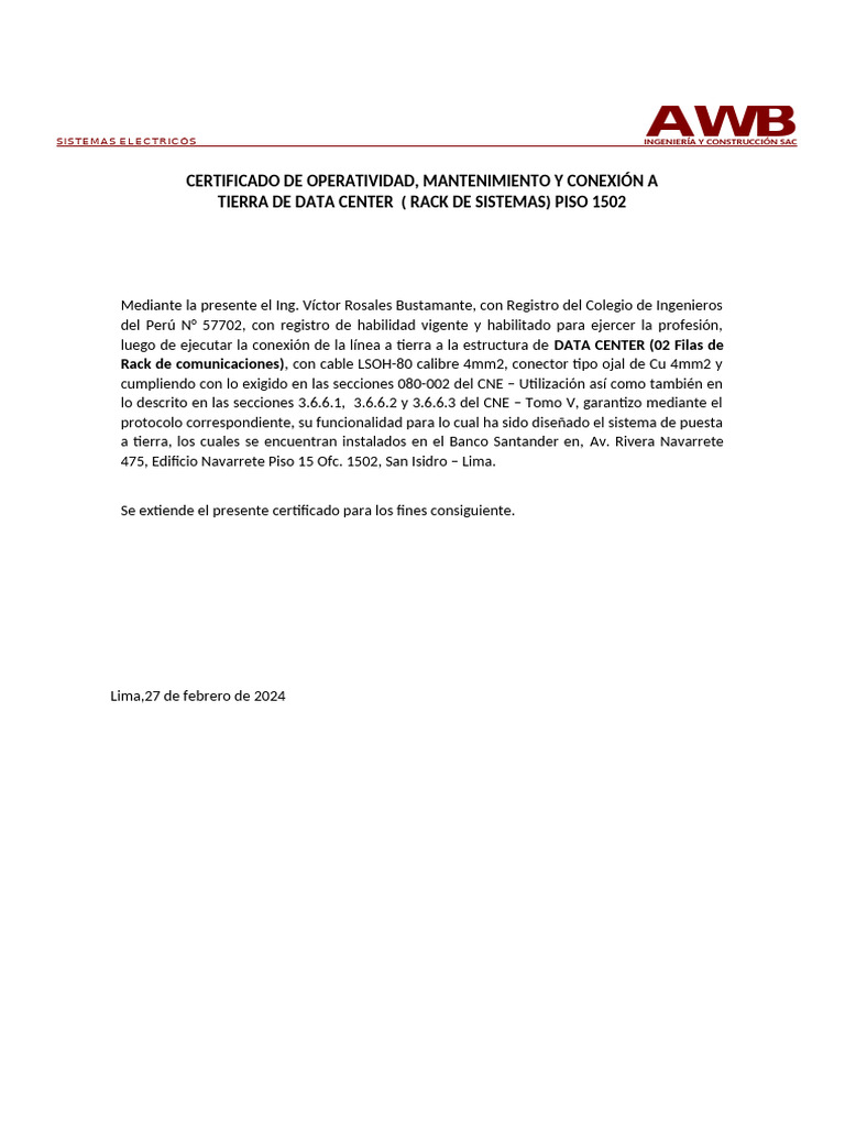Certificado Operat, Mantenimiento y Conexion A Tierra Rack de Sistemas ...